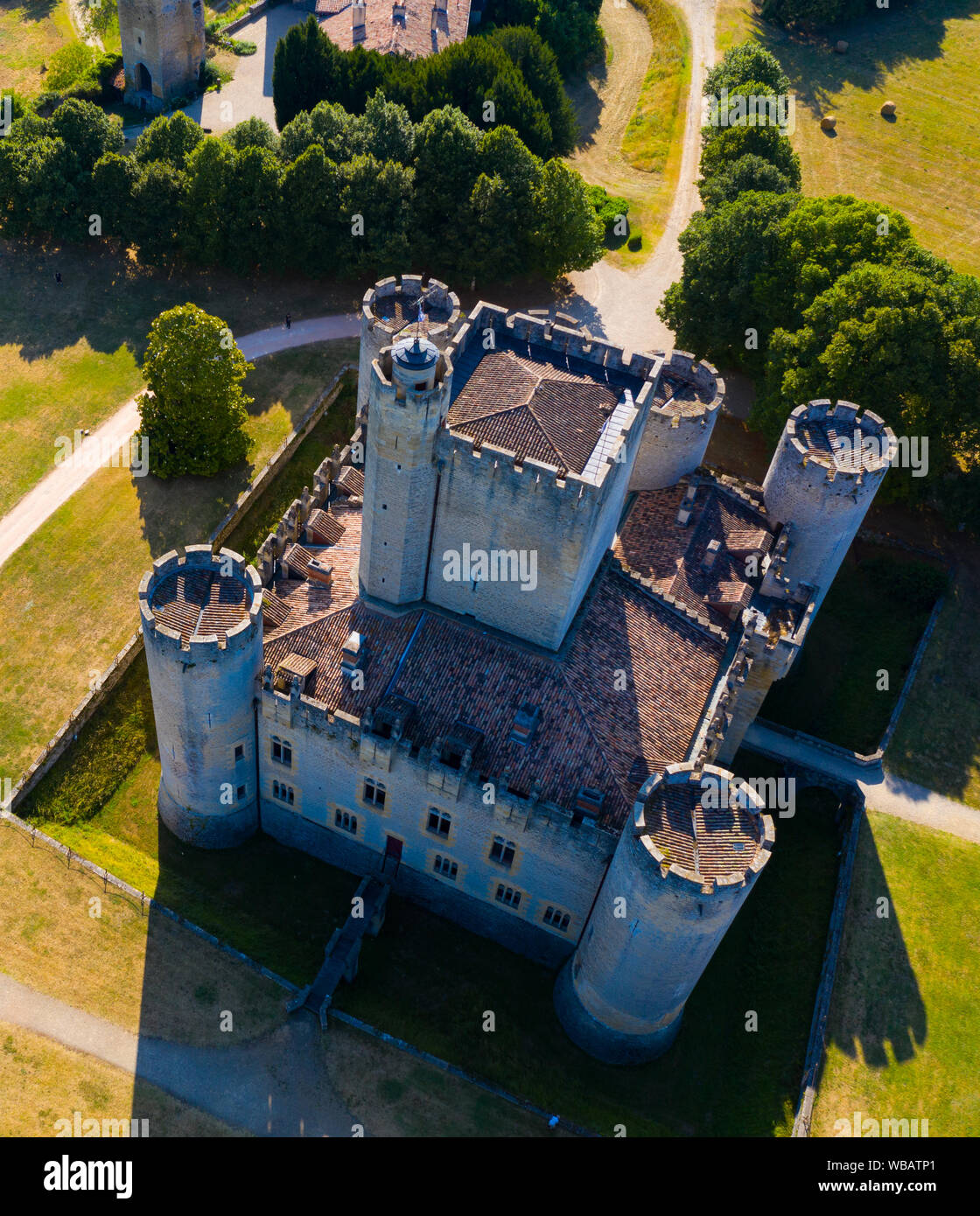 Aerial view of impressive medieval castle of Chateau de Roquetaillade ...