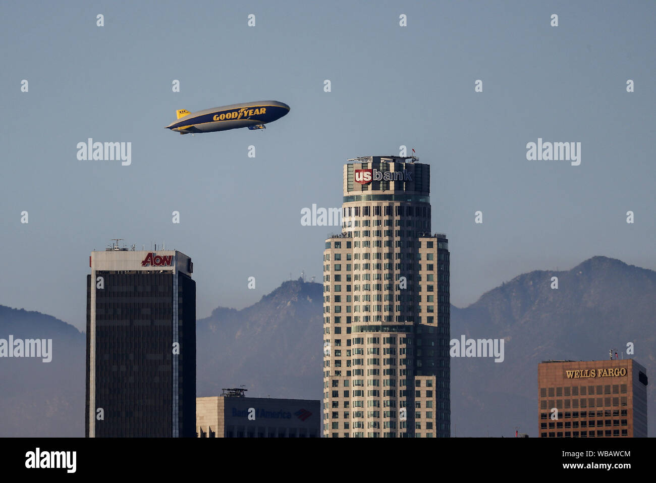 Los Angeles, California, USA. 25th Aug, 2019. A Goodyear Blimp flies ...