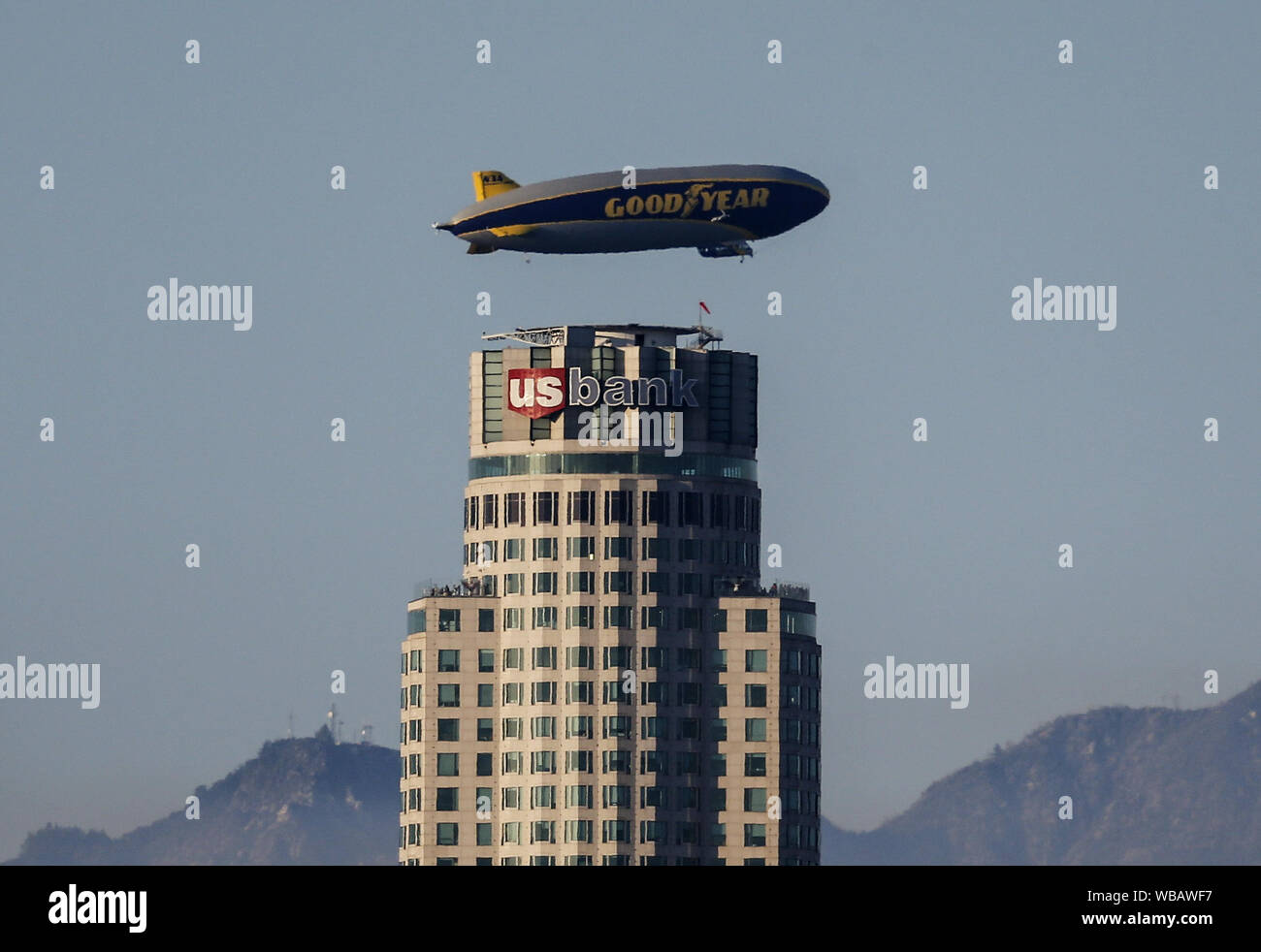 Los Angeles, California, USA. 25th Aug, 2019. A Goodyear Blimp flies ...