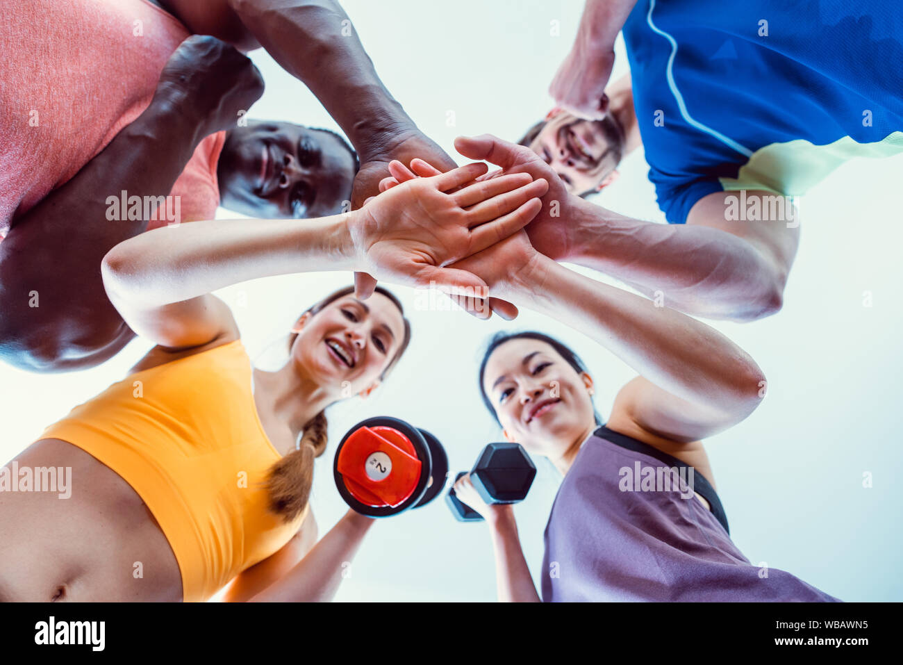 Four friends in the gym having fun Stock Photo - Alamy
