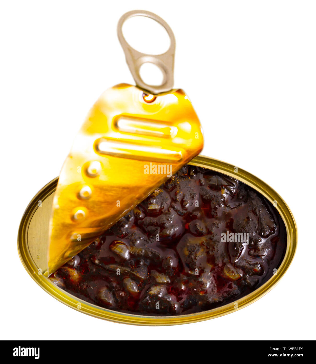 Closeup view of opened can of pieces of calamari in ink. Isolated over ...