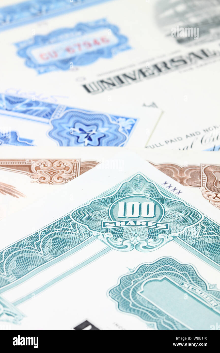 Stock market collectibles. Old stock share certificates from 1950s ...