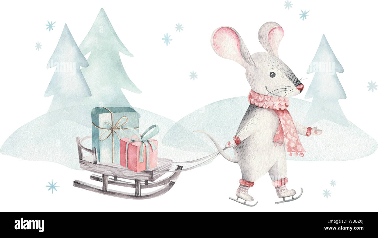 Cute cartoon christmas rat mouse christmas card. Watercolor hand drawn ...