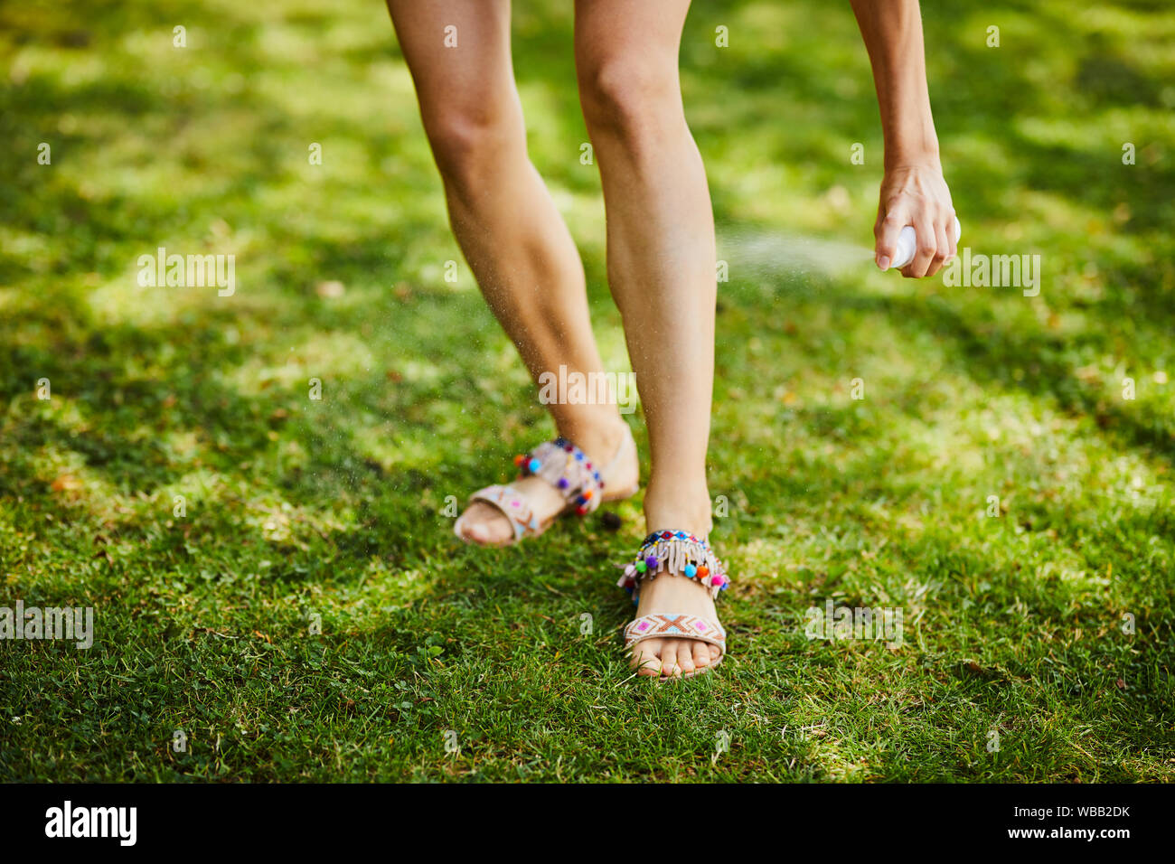 Close-up of young woman's legs being sprayed with insect repellent ...