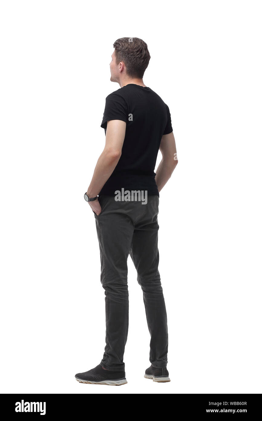 confident guy looking at white blank screen . isolated on white Stock ...