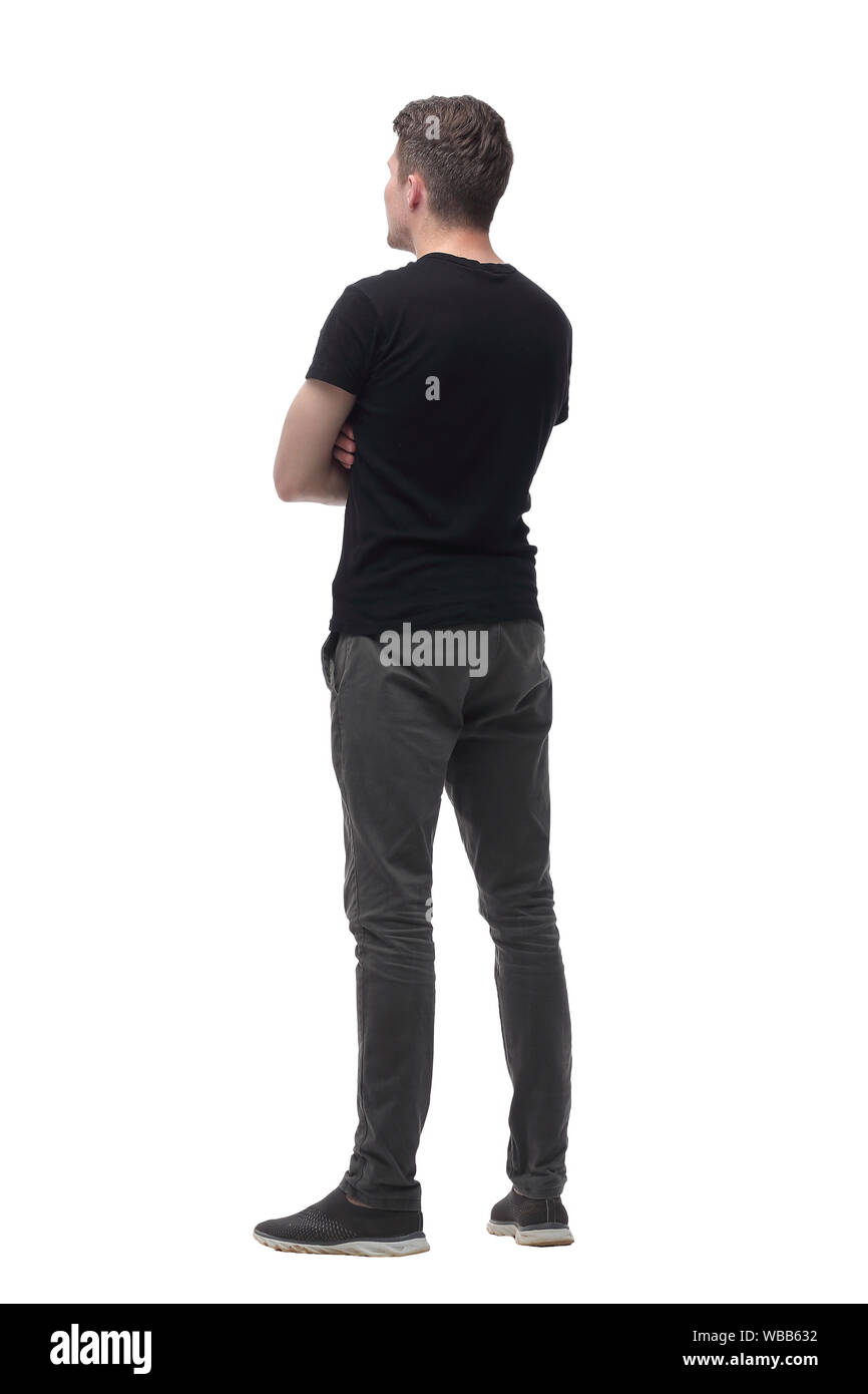 confident guy looking at white blank screen . isolated on white Stock ...