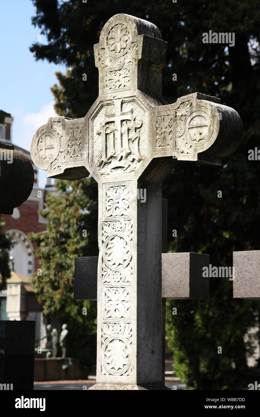Milan, Italy. Old grave ornamental cross at the Monumental Cemetery ...