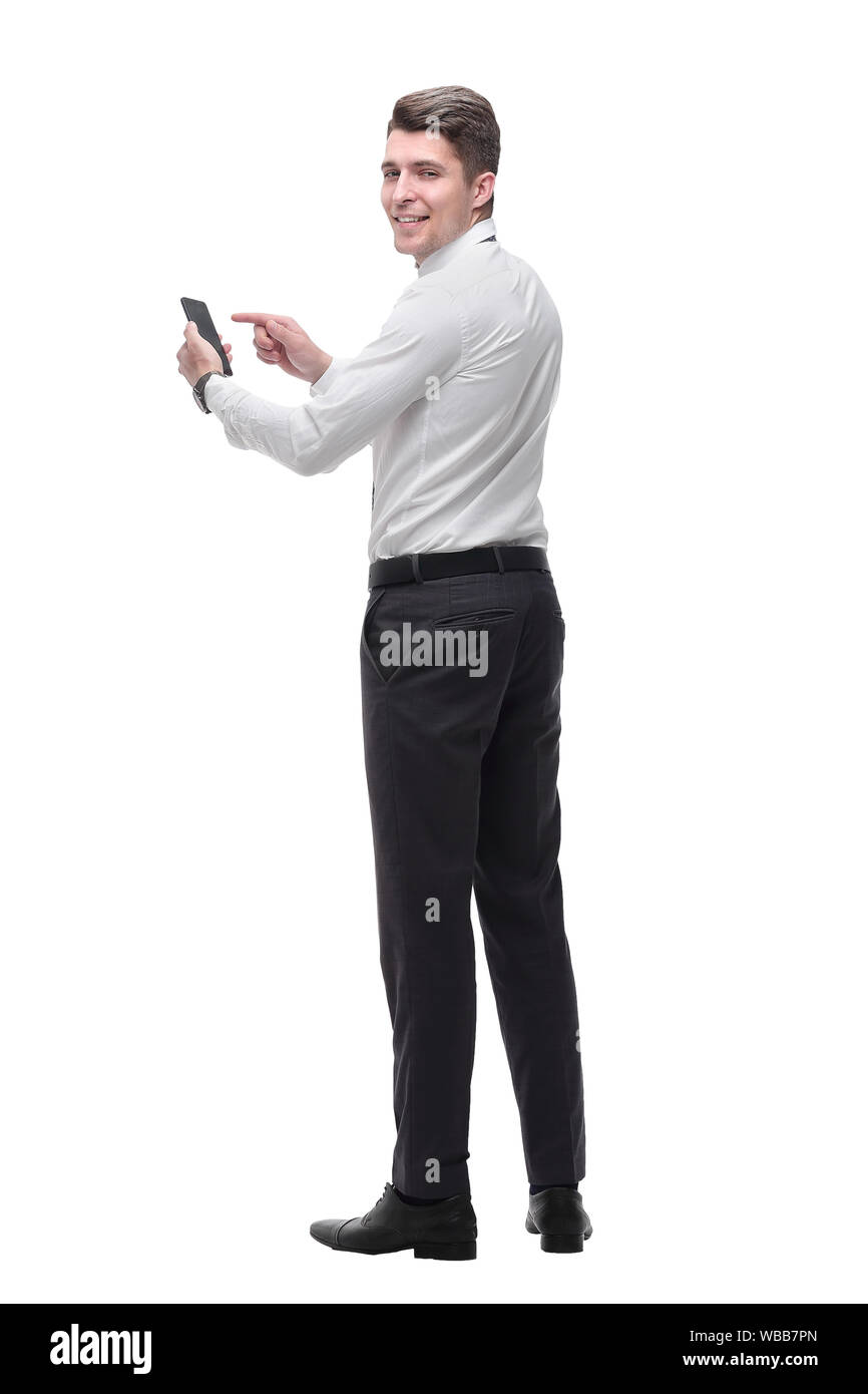 businessman tapping the screen of his smartphone. isolated on white ...