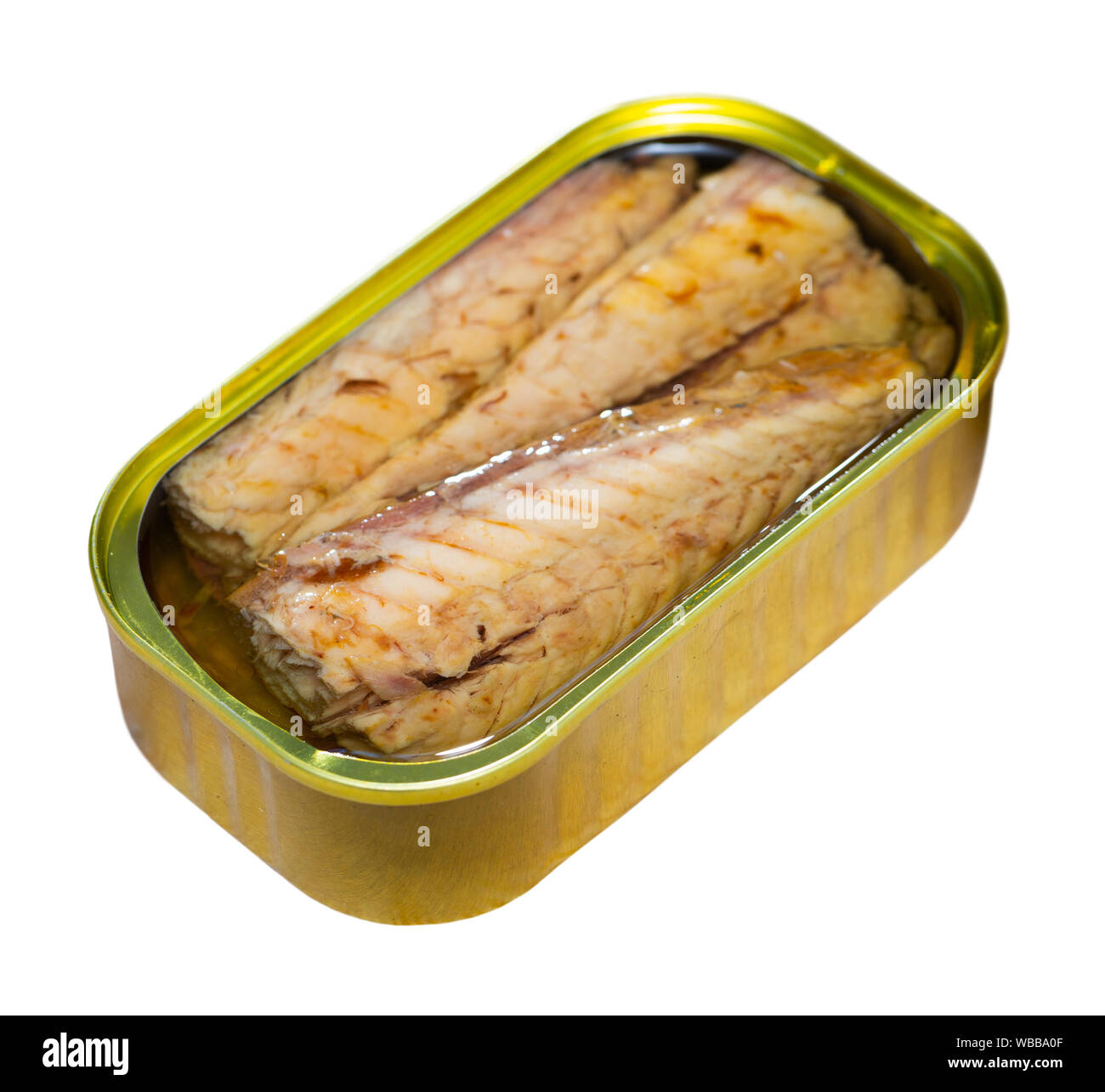 Image of salty fillet of mackerel in sunflower oil in open tin can ...
