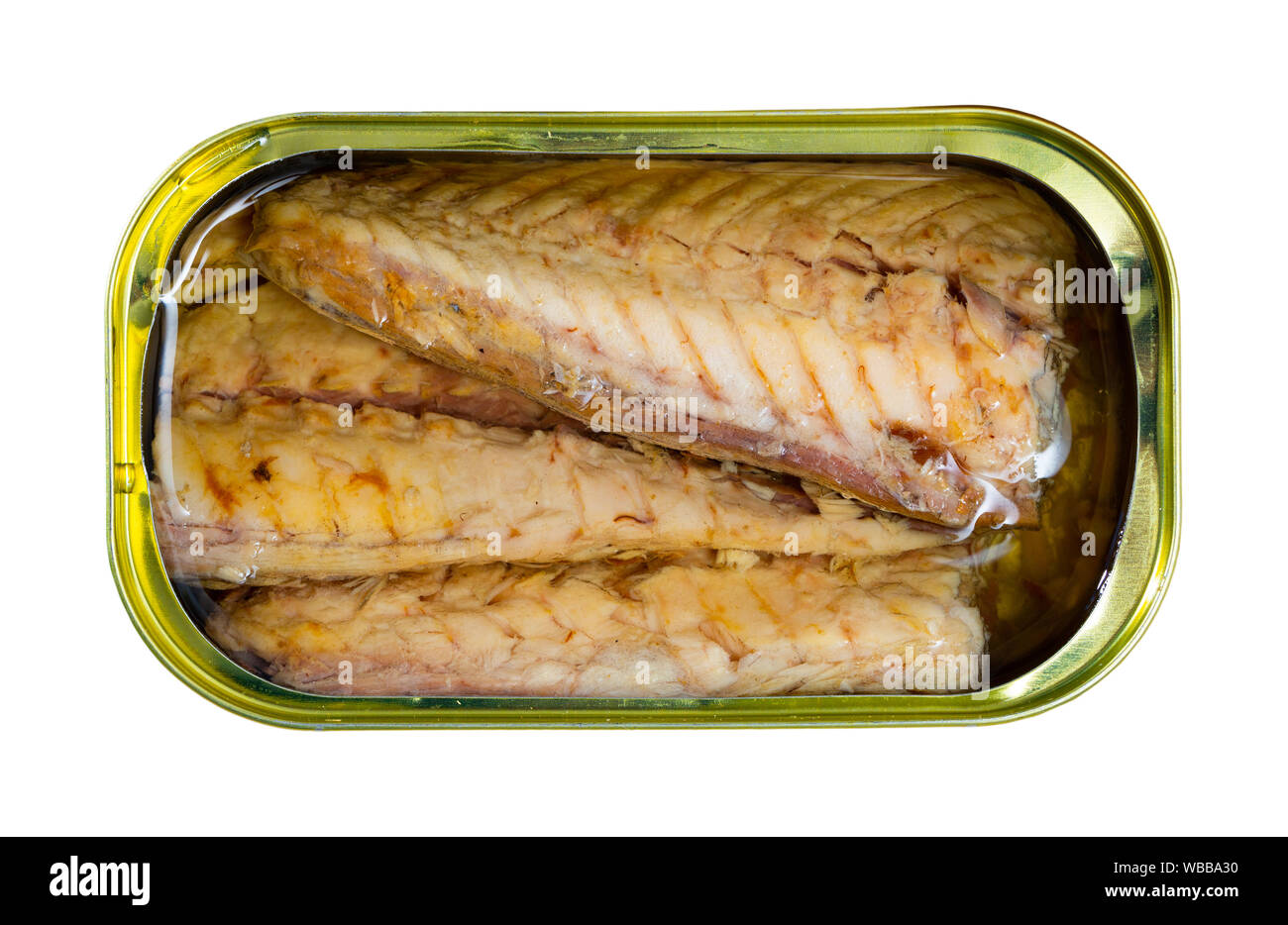 Close up of canned fish - mackerel fillets in sunflower oil. Isolated ...