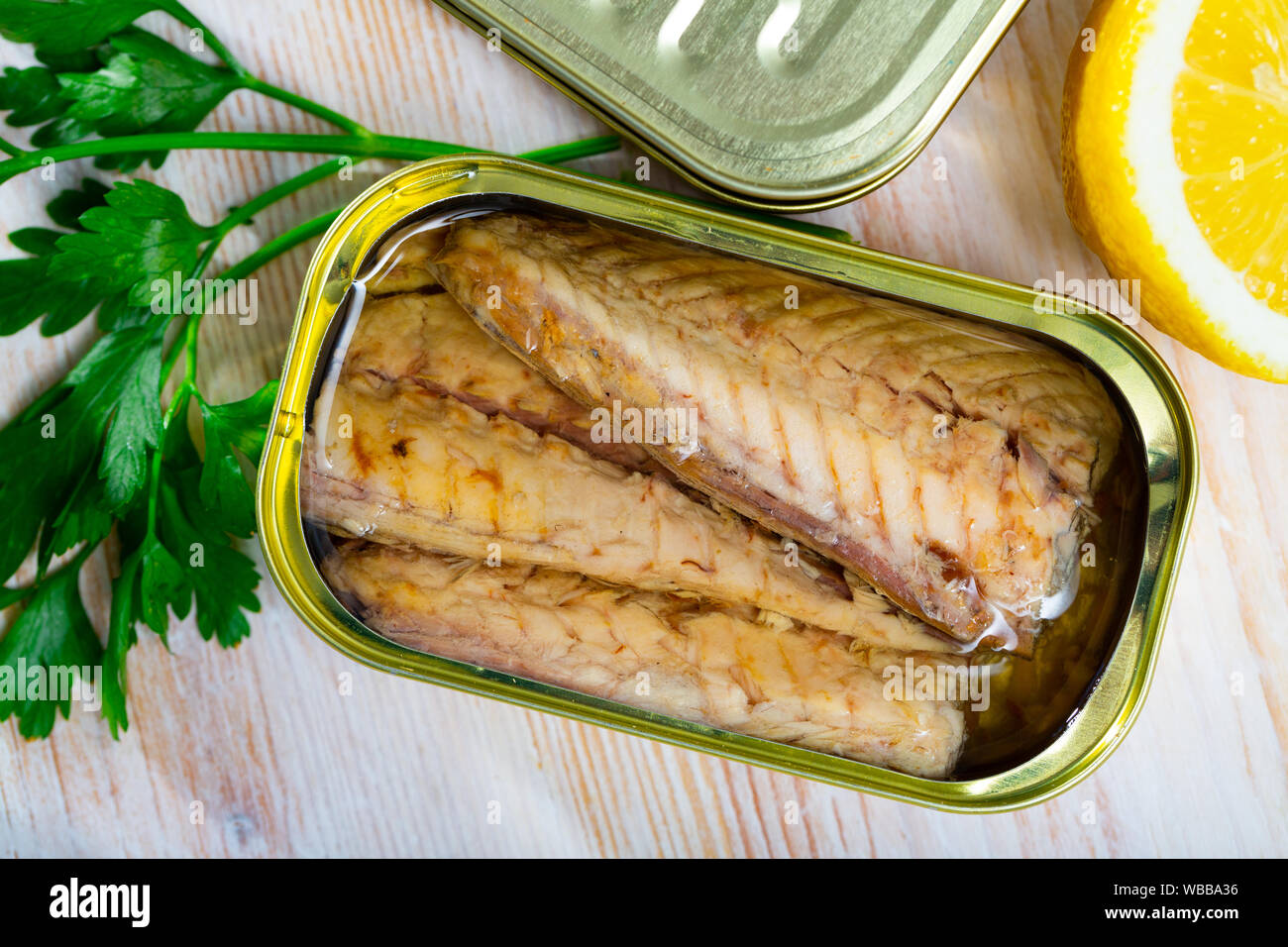 Close up of canned fish - mackerel fillets in sunflower oil Stock Photo ...