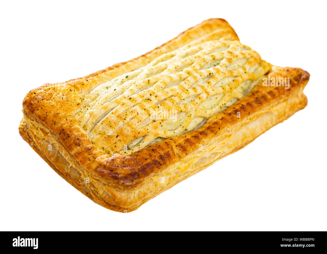 Delicious puff pastry pie with fish filling from salmon and cream sauce ...