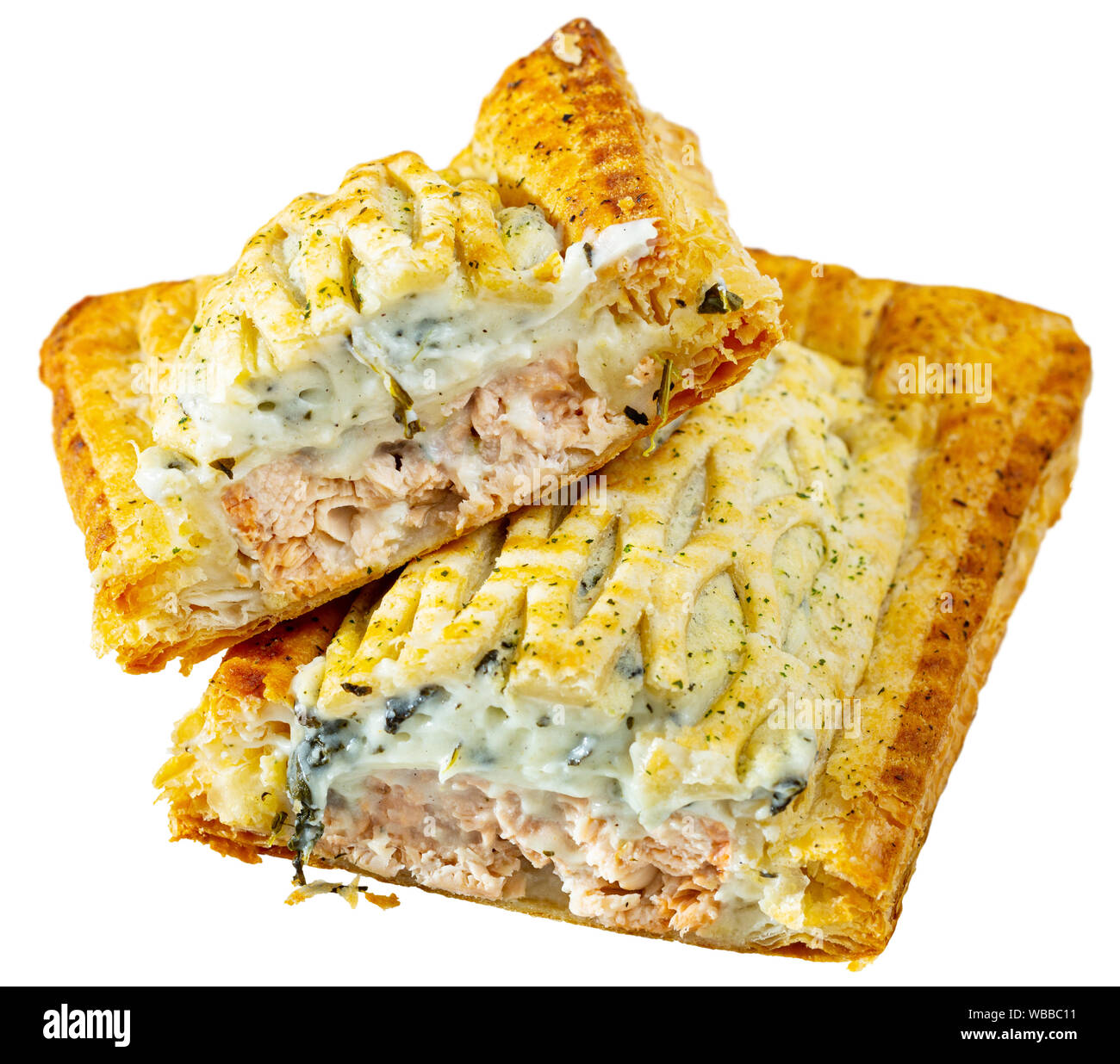 Delicious puff pastry pie with fish filling from salmon and cream sauce ...