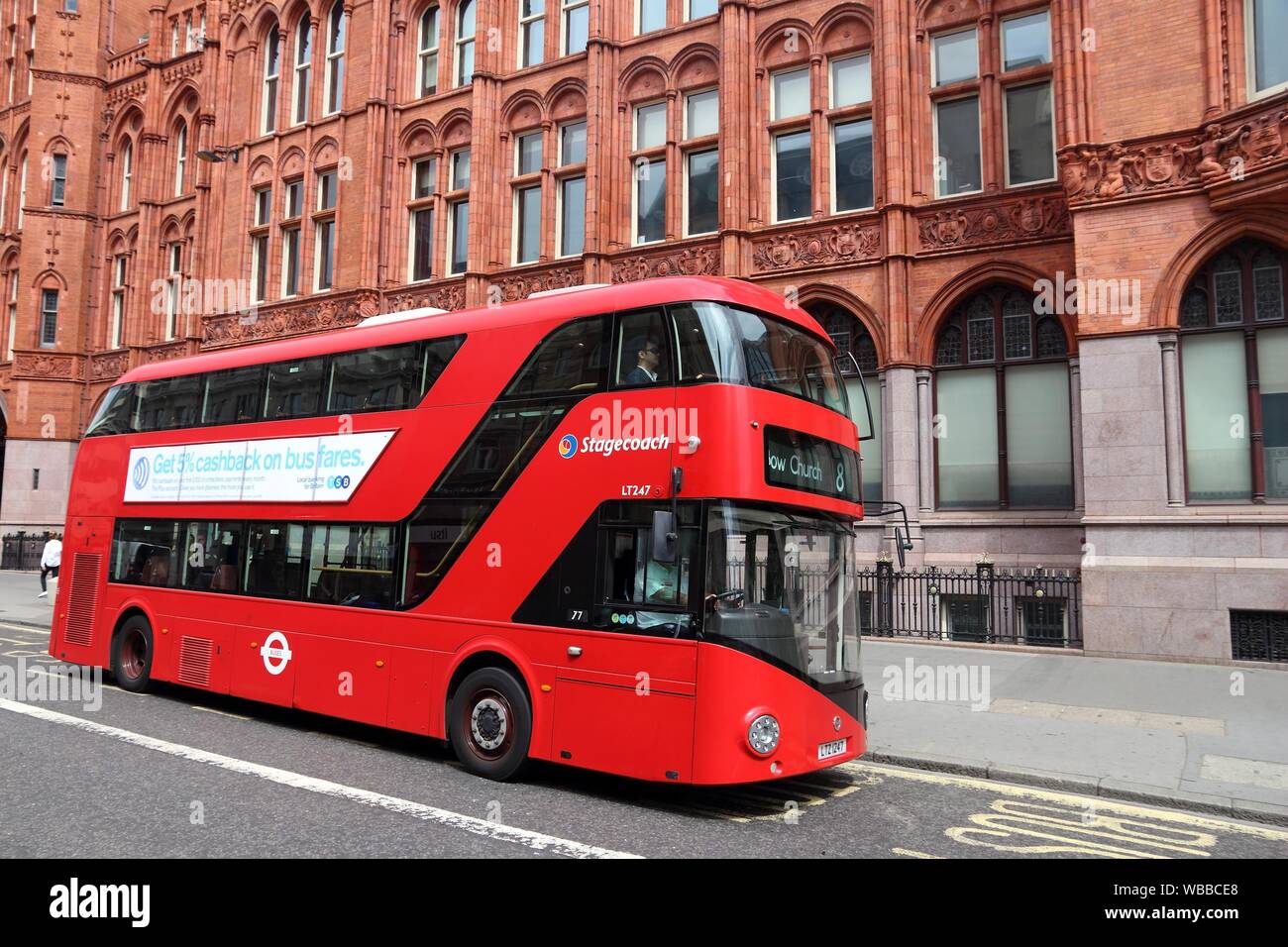 LONDON, UK - JULY 9, 2016: New Routemaster bus in Holborn, London. The ...