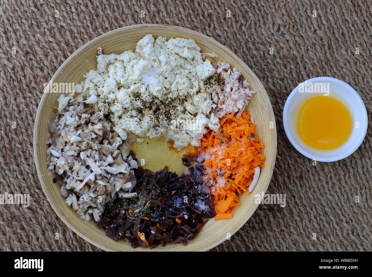Top view homemade food on burlap background, raw materials for ...