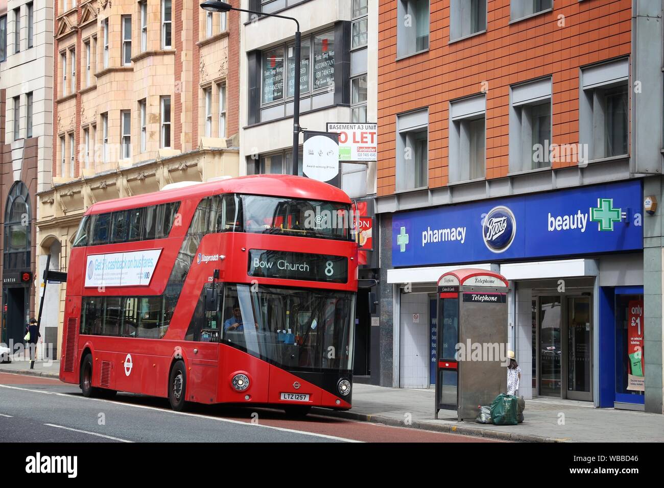 LONDON, UK - JULY 9, 2016: New Routemaster bus in Holborn, London. The ...