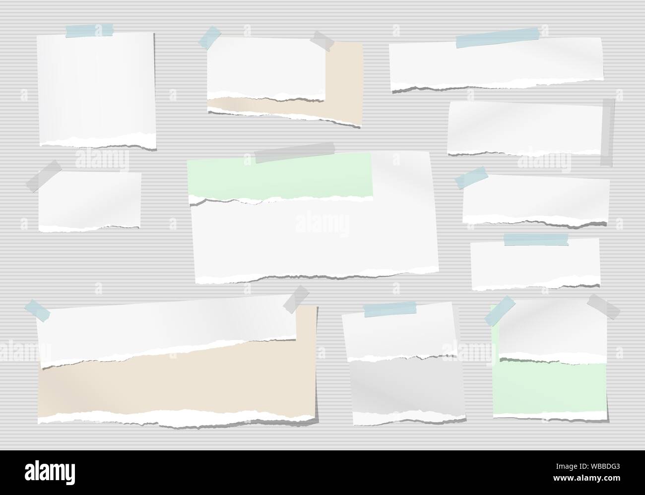 Set of torn white and colorful note, notebook strips, paper pieces ...