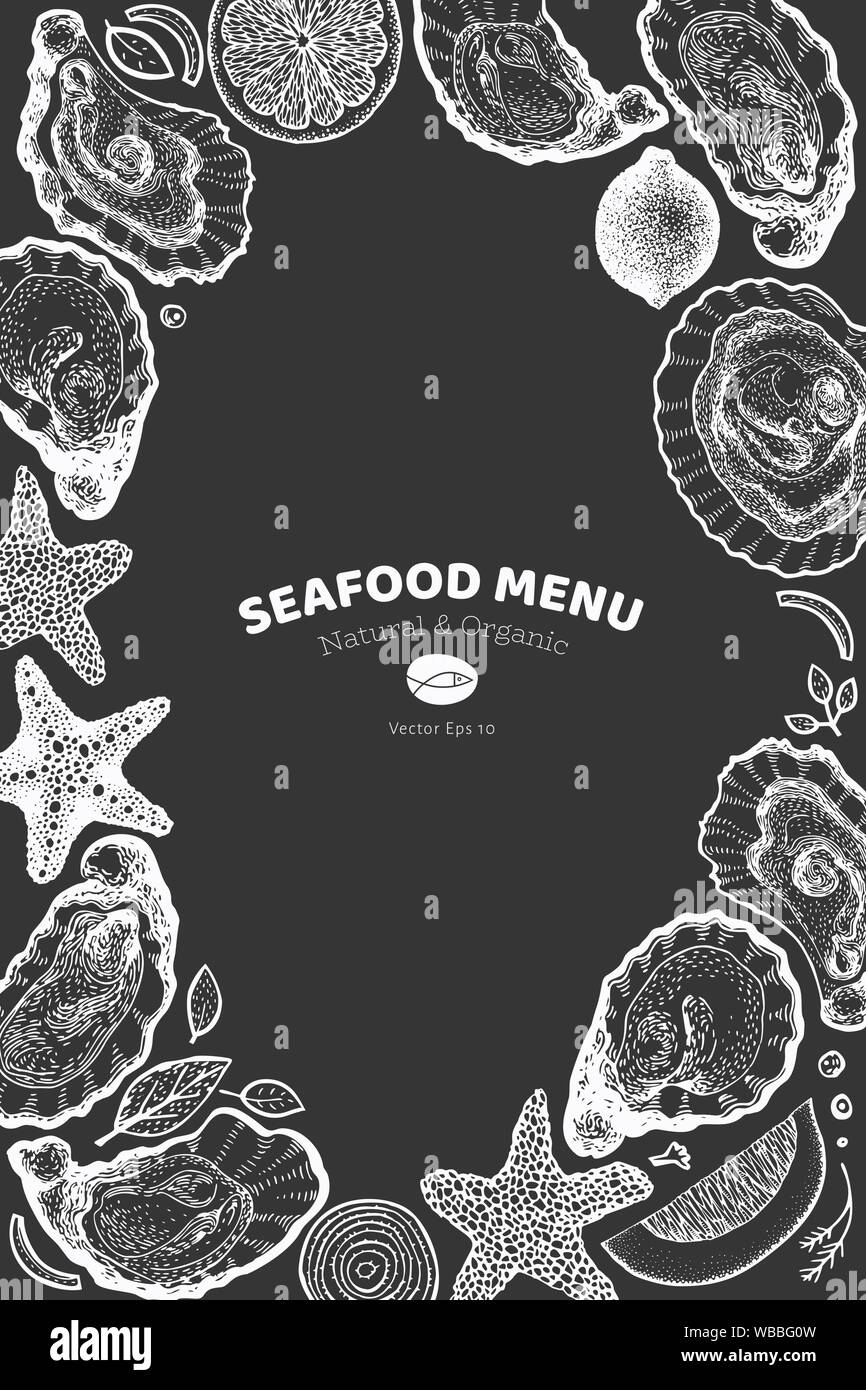 Oysters and spices design template. Hand drawn vector illustration on ...