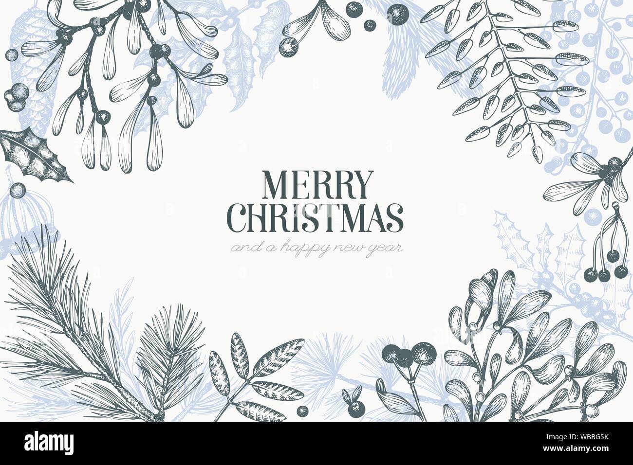 Christmas hand drawn vector greeting card template. Botanical design. Retro style illustration ...