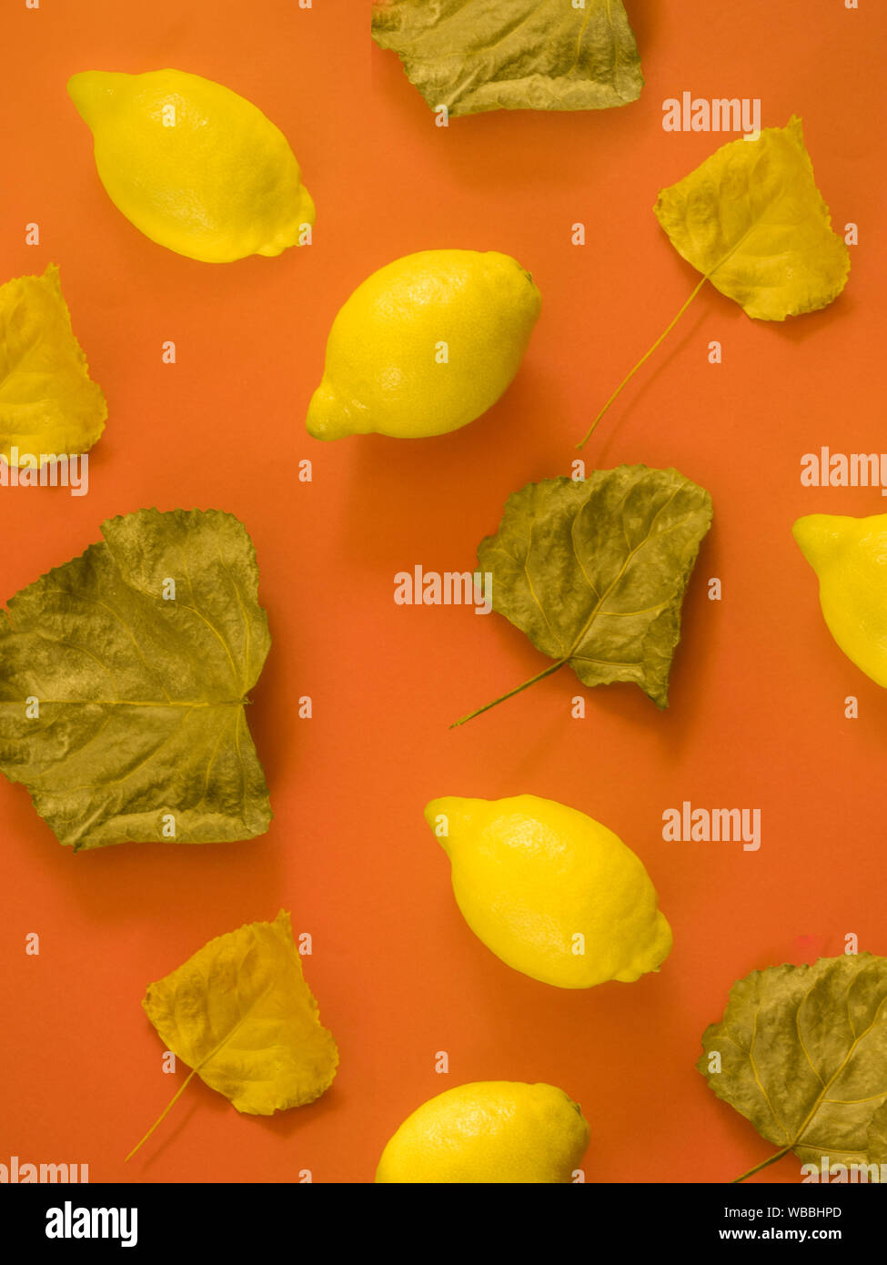Lemons and fall leaves pattern on orange background Stock Photo - Alamy