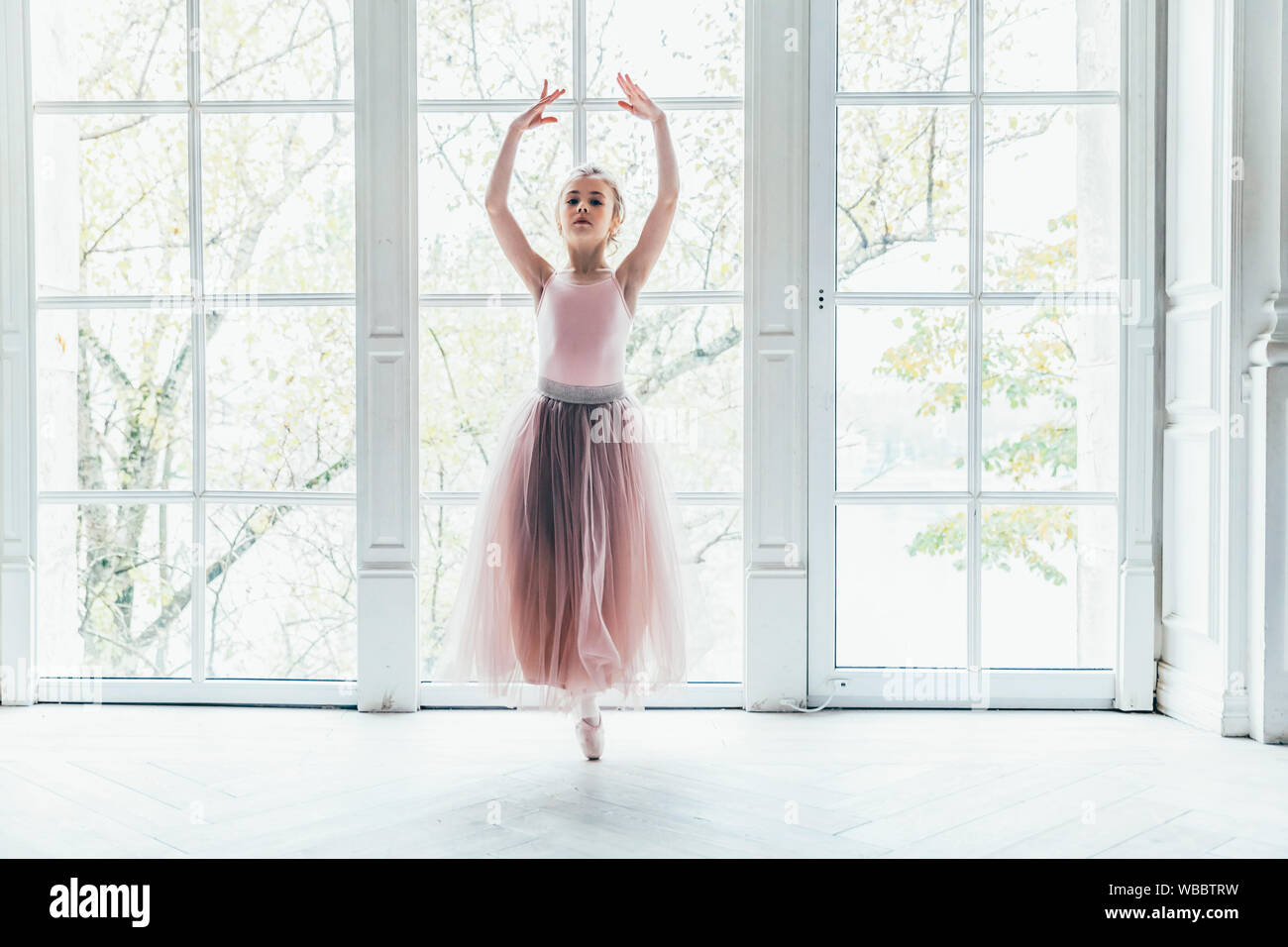 Young classical ballet dancer girl in dance class. Beautiful graceful ...
