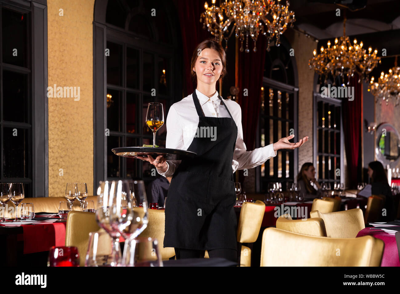 Female waiter standing with serving tray, recommending dishes in ...