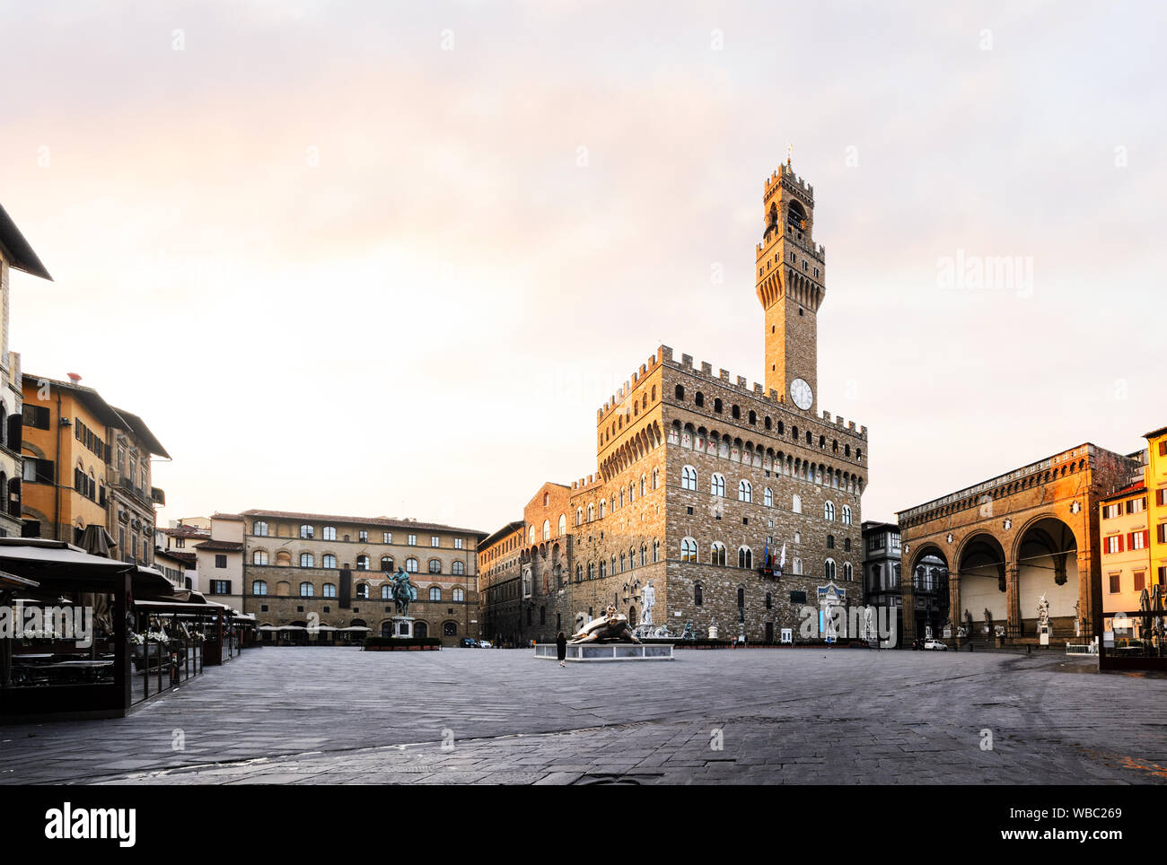 Signoria Square at sunrise panorama. Empty morning view without ...