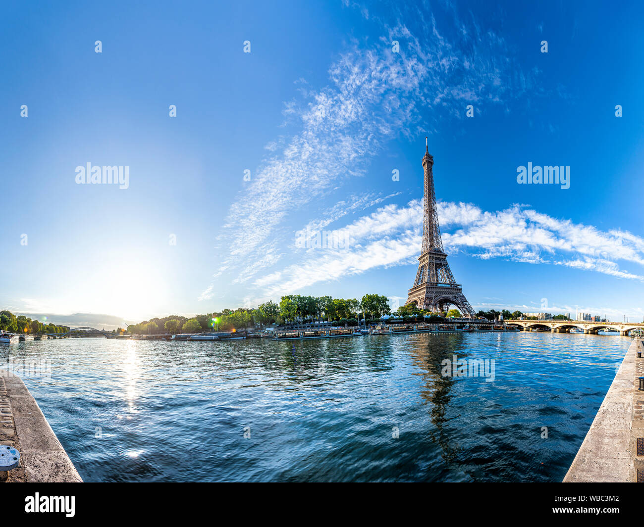 Panorama of the Eiffel Tower and riverside of the Seine in Paris Stock ...
