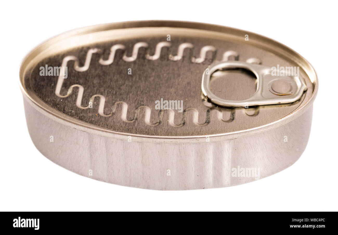 Silver tin can closeup. Isolated over white background Stock Photo - Alamy