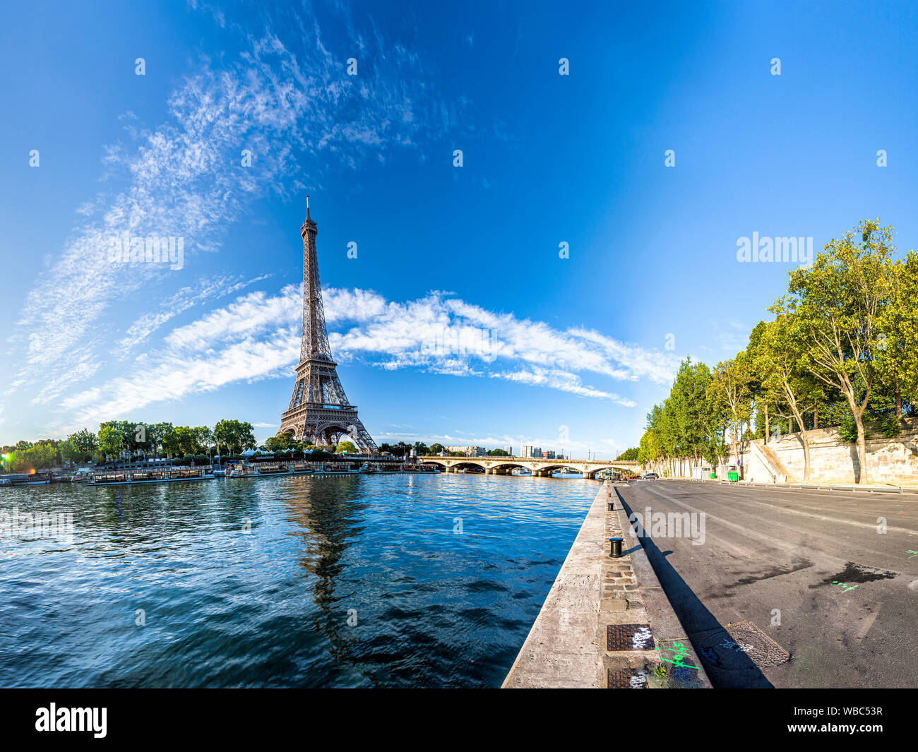 Panorama of the Eiffel Tower and riverside of the Seine in Paris Stock ...