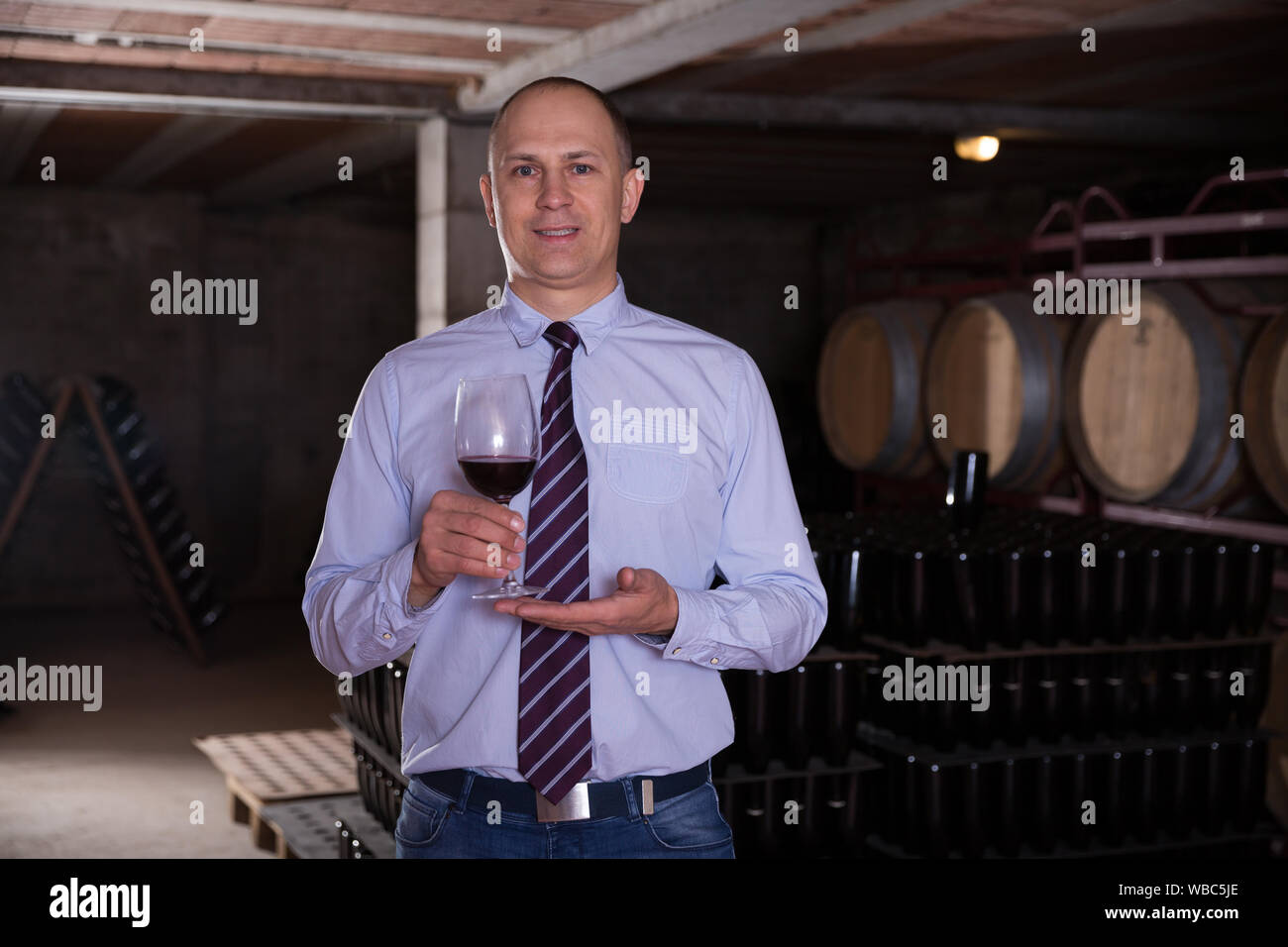 Male winemaker giving tour around winery, inviting to tasting red wine ...