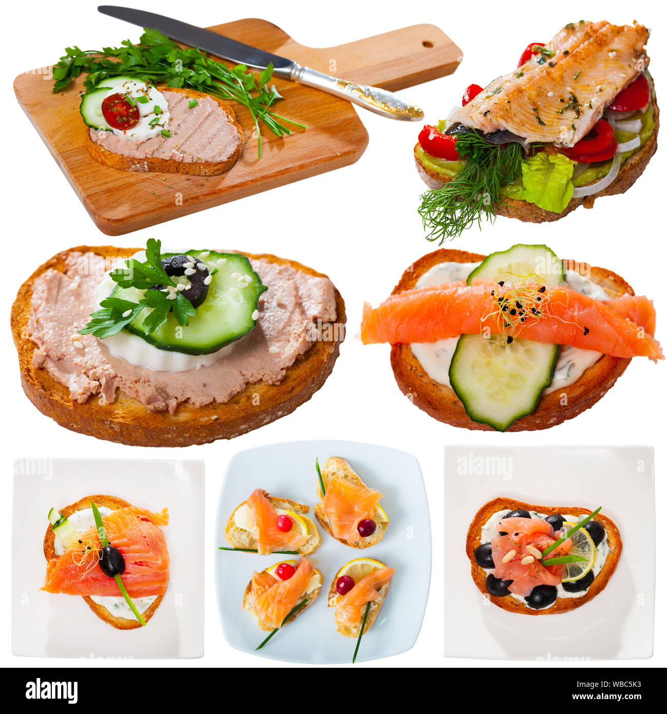 Collection of popular toasts and open sandwiches isolated on white ...