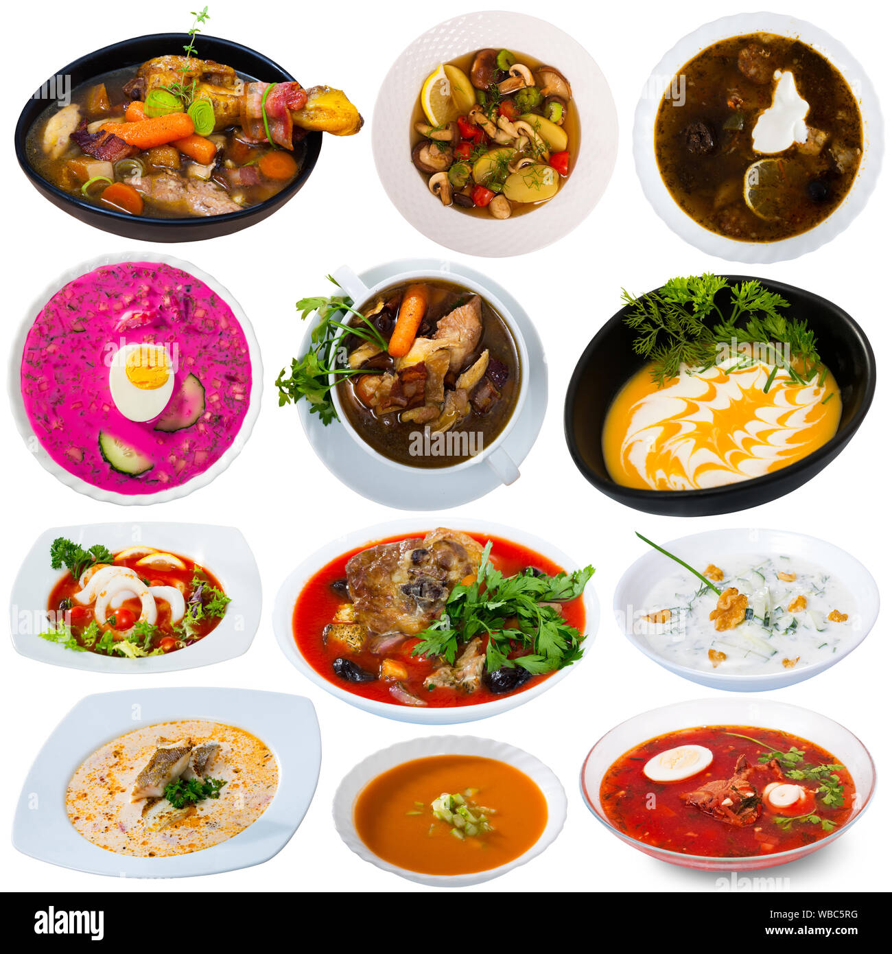 Collage of delicious cooked soups isolated on white Stock Photo - Alamy