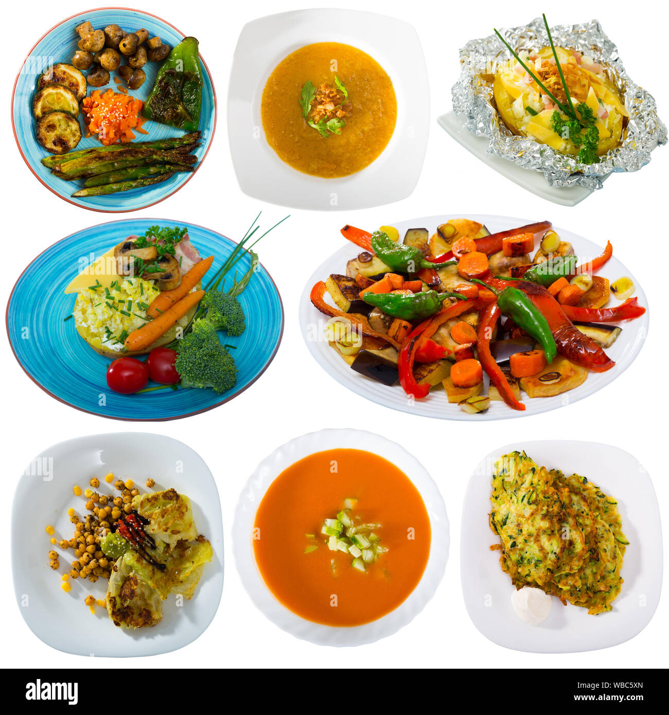 Collage of different types dishes with vegetables isolated on white ...