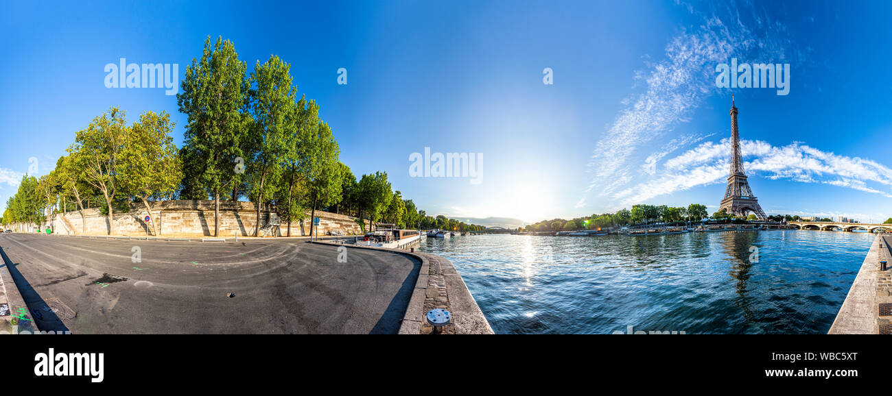 Panorama of the Eiffel Tower and riverside of the Seine in Paris Stock ...