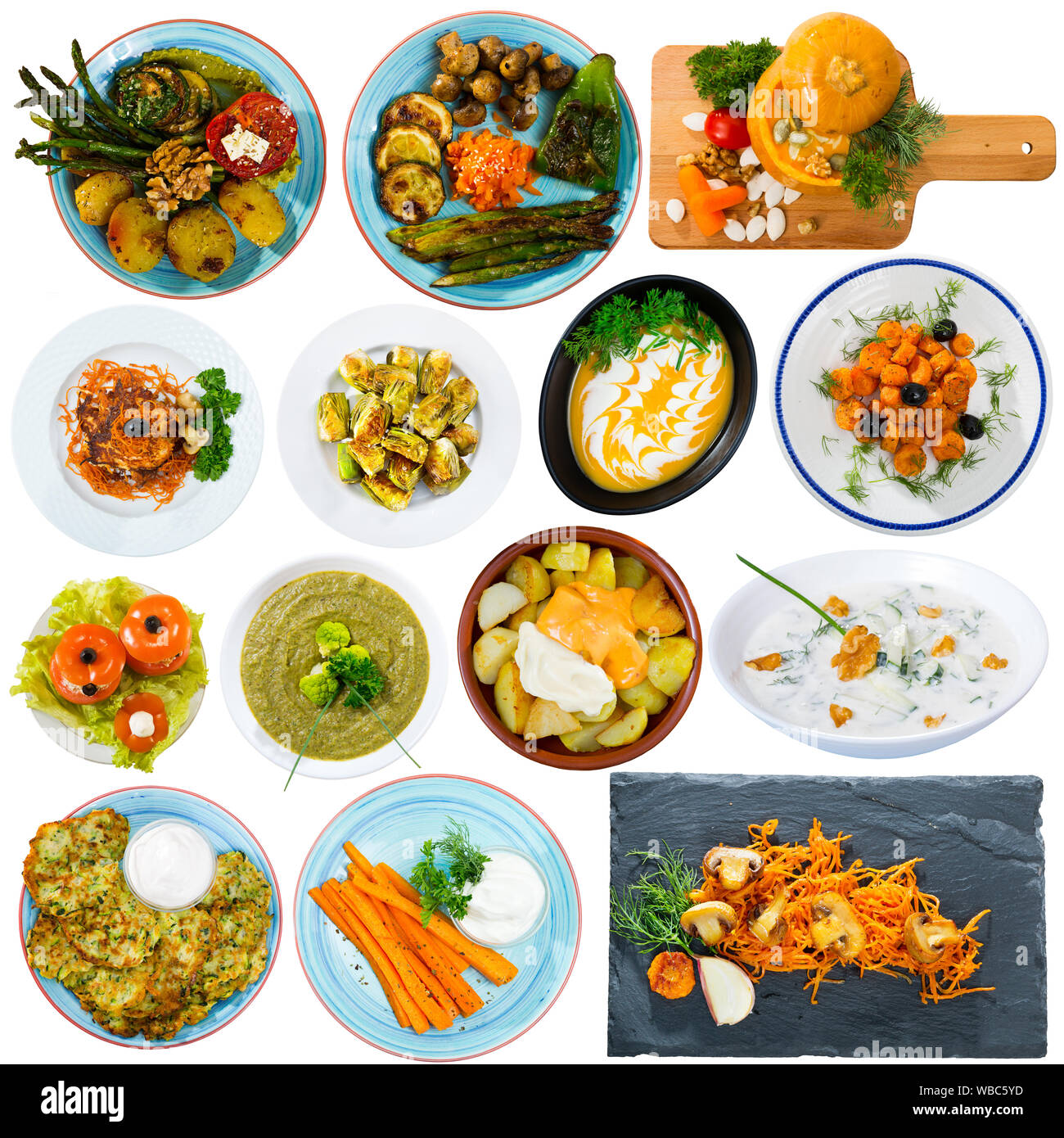 Set of various appetizing dishes with vegetables isolated on white ...