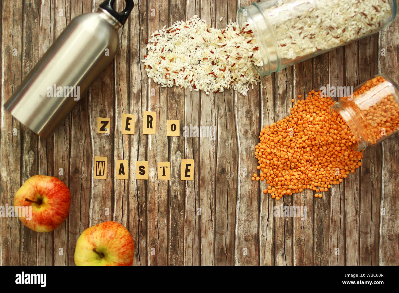 zero waste food products on wooden background table. Earthy tones, zero ...