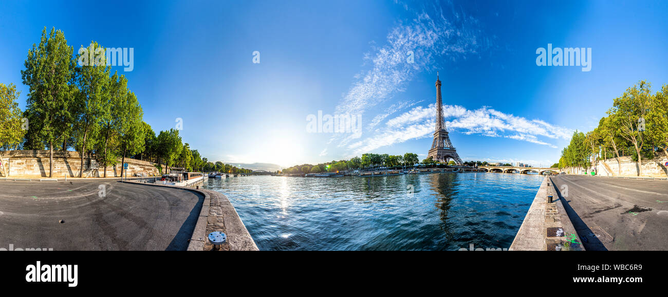 Panorama of the Eiffel Tower and riverside of the Seine in Paris Stock ...