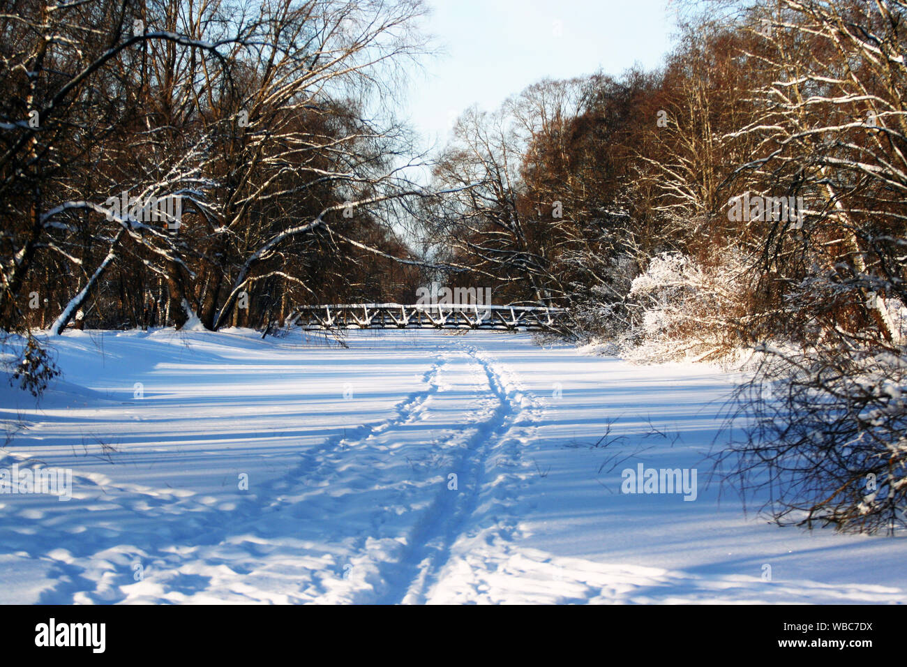 Beautiful view of winter landscape with bridge over frozen river Stock ...