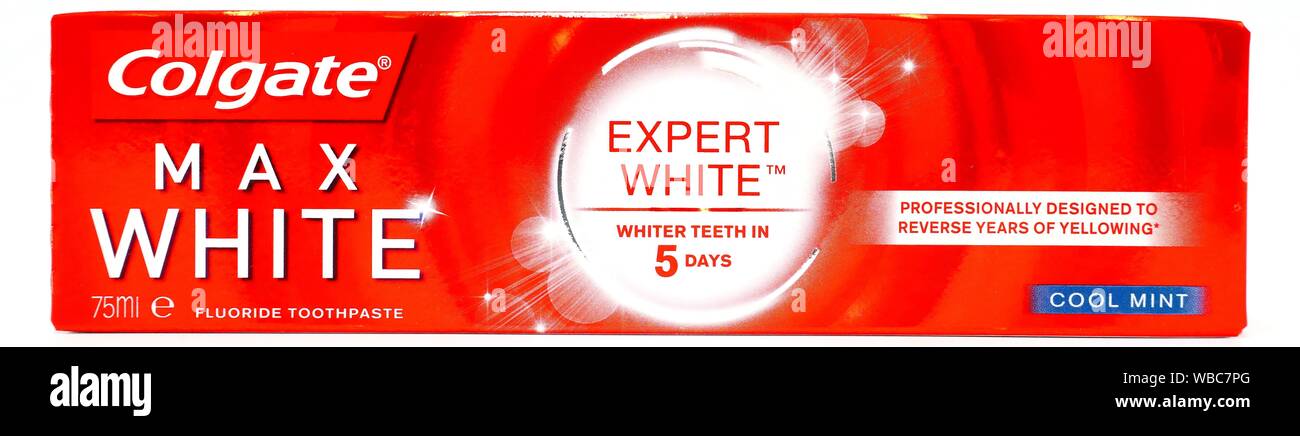Colgate Max White Toothpaste produced by Colgate-Palmolive Stock Photo ...