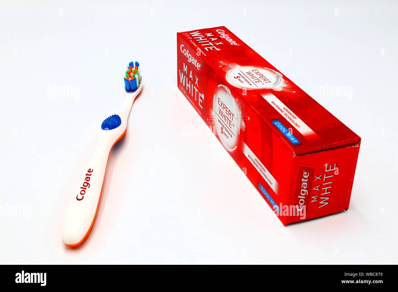 Colgate Max White Toothpaste produced by Colgate-Palmolive Stock Photo ...