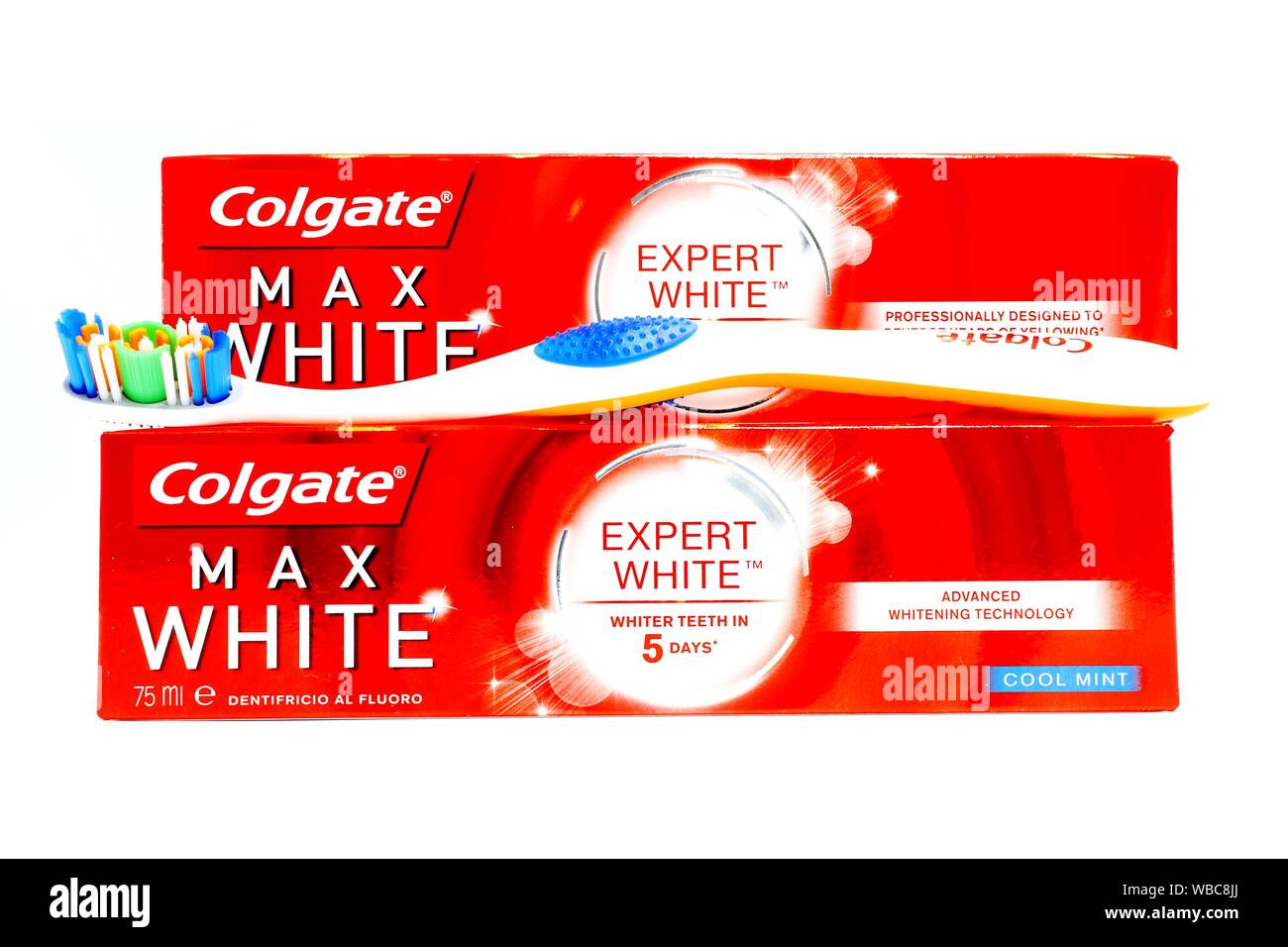 Colgate Max White Toothpaste produced by Colgate-Palmolive Stock Photo ...
