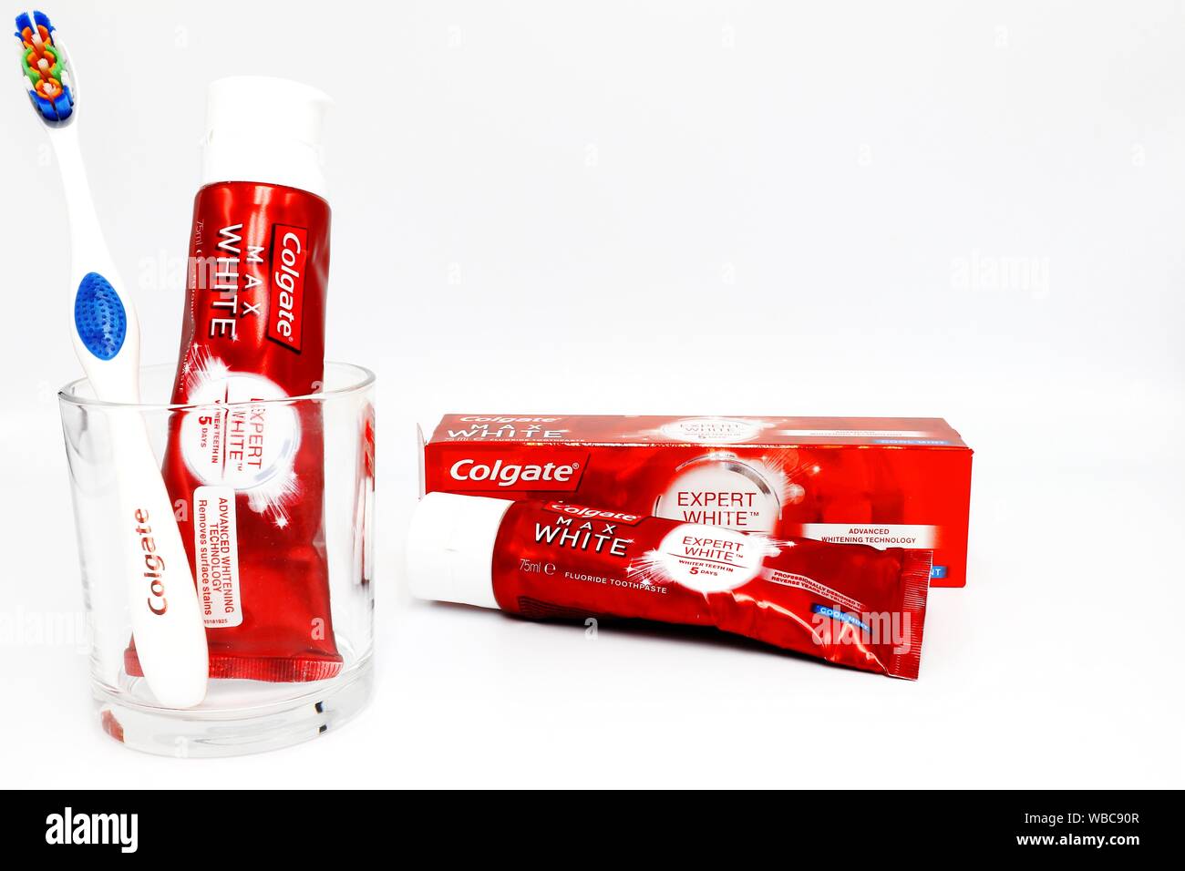 Colgate Max White Toothpaste produced by Colgate-Palmolive Stock Photo ...