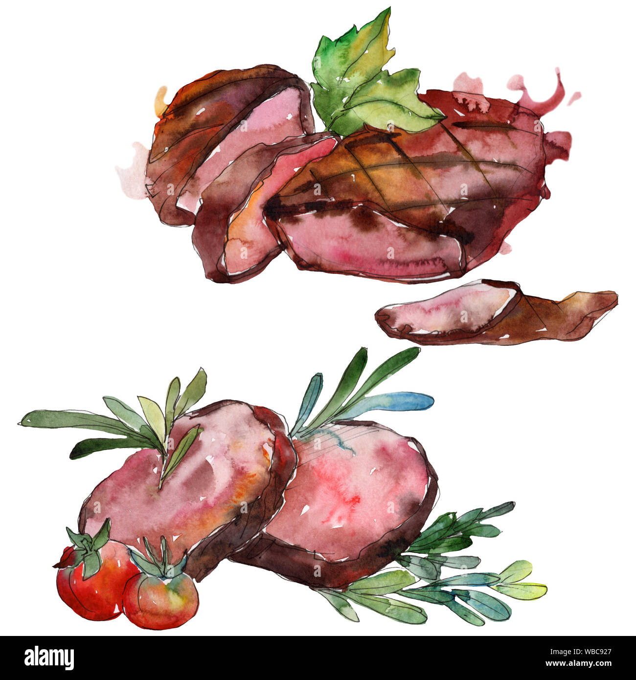 Grilled steak tasty food in a watercolor style set. Aquarelle food ...