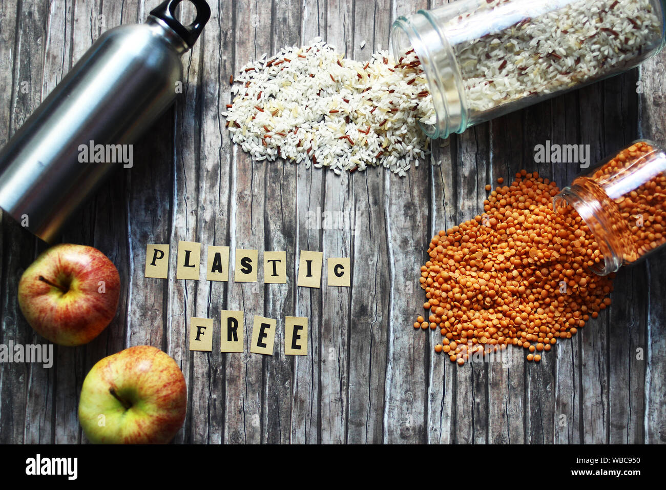 zero waste food products on wooden background table. Earthy tones, zero ...