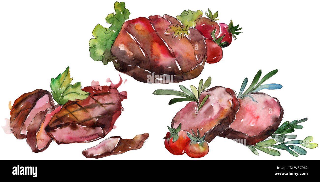 Grilled steak tasty food in a watercolor style set. Aquarelle food ...