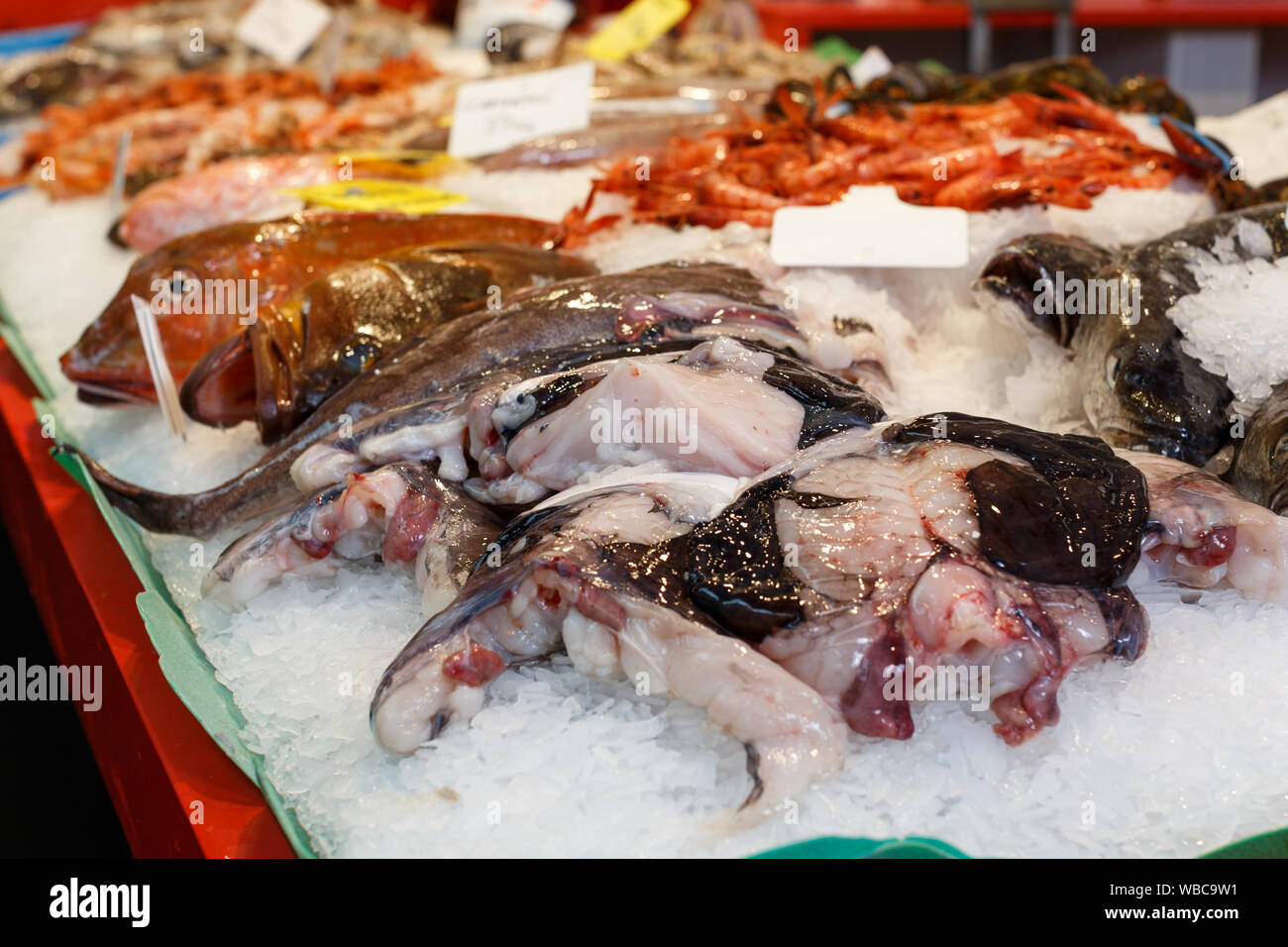 Assorted fish products on ice ready for sale in supermarket Stock Photo ...