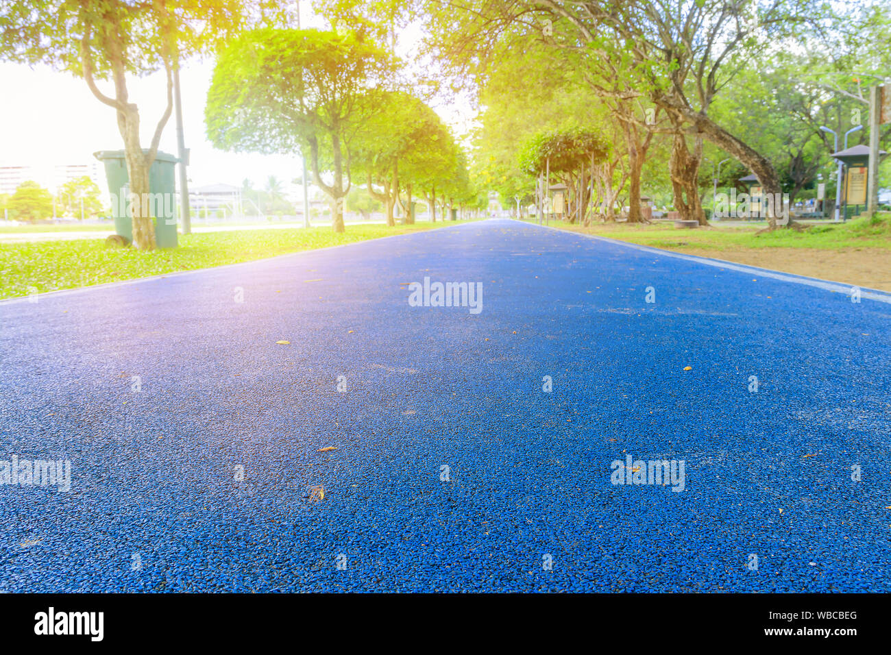 running track in runner rubber cover blue public park. for jogging ...
