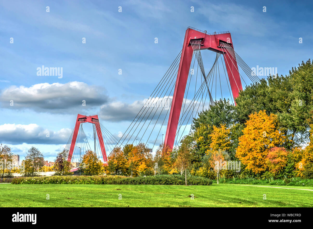 Rotterdam, The Netherlands, October 23, 2015: the red pylons of Willems ...