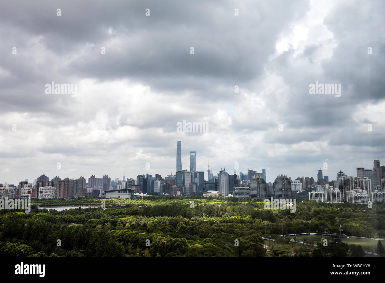 View of the city of Shanghai from a distance with a cloudy sky, China ...
